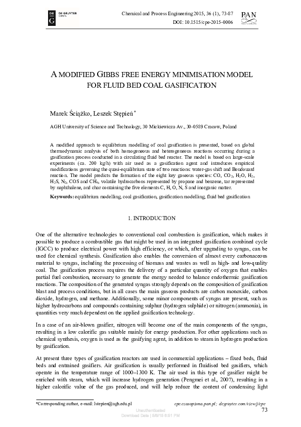 (PDF) A Modified Gibbs Free Energy Minimisation Model for Fluid Bed ...