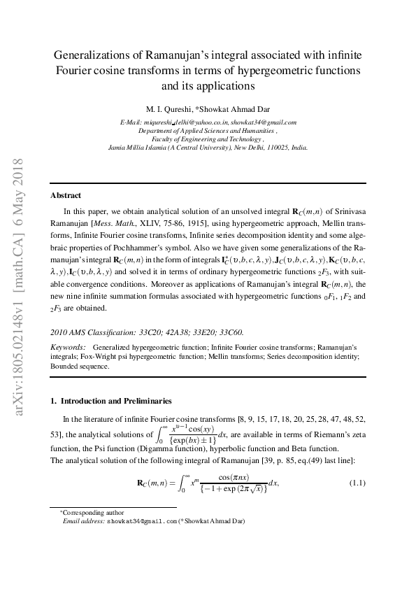 (PDF) C A ] 6 M ay 2 01 8 Generalizations of Ramanujan ’ s integral associated with infinite ...