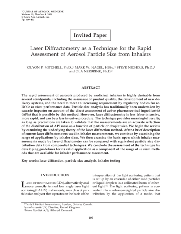 (PDF) Laser Diffractometry as a Technique for the Rapid Assessment of Aerosol Particle Size from ...