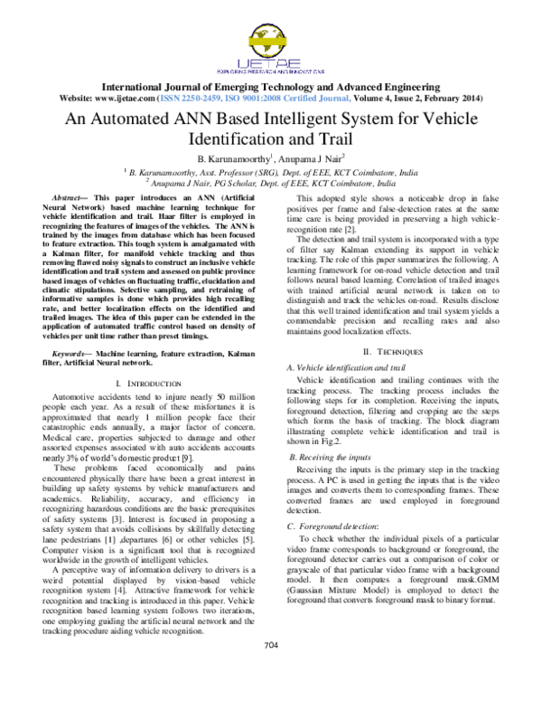 (PDF) An Automated ANN Based Intelligent System for Vehicle ...