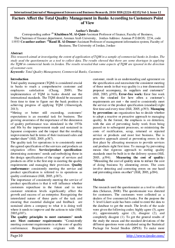 (PDF) Factors Affect the Total Quality Management in Banks According to ...
