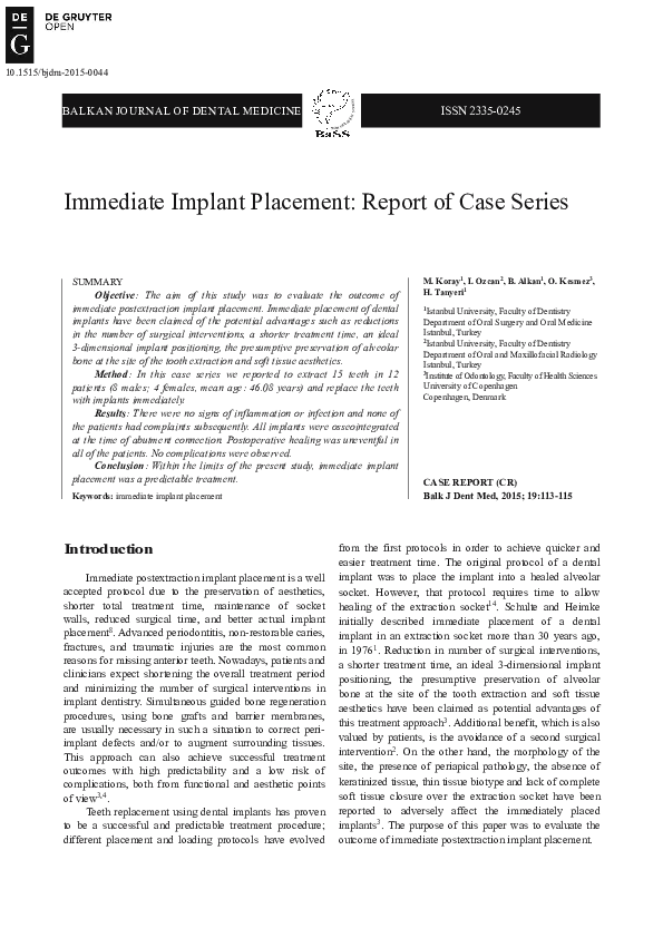 (PDF) Immediate Implant Placement: Report of Case Series