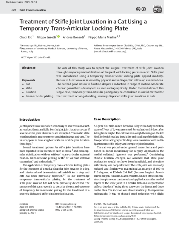 (PDF) Treatment of Stifle Joint Luxation in a Cat Using a Temporary ...