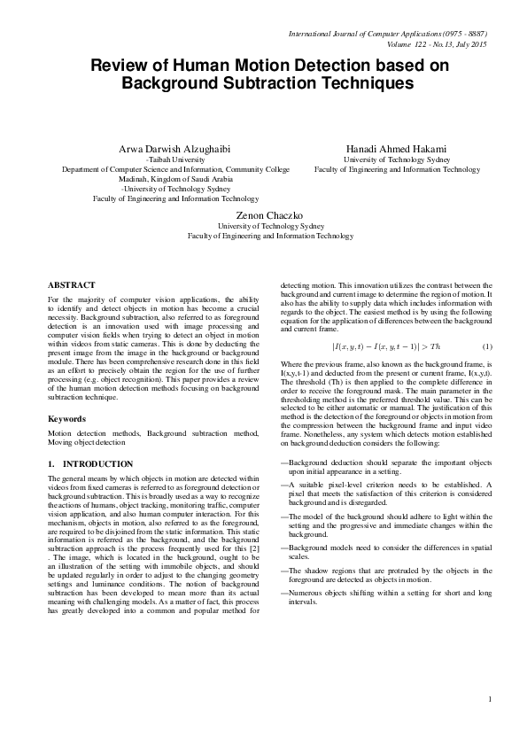 (PDF) Review of Human Motion Detection based on Background Subtraction Techniques