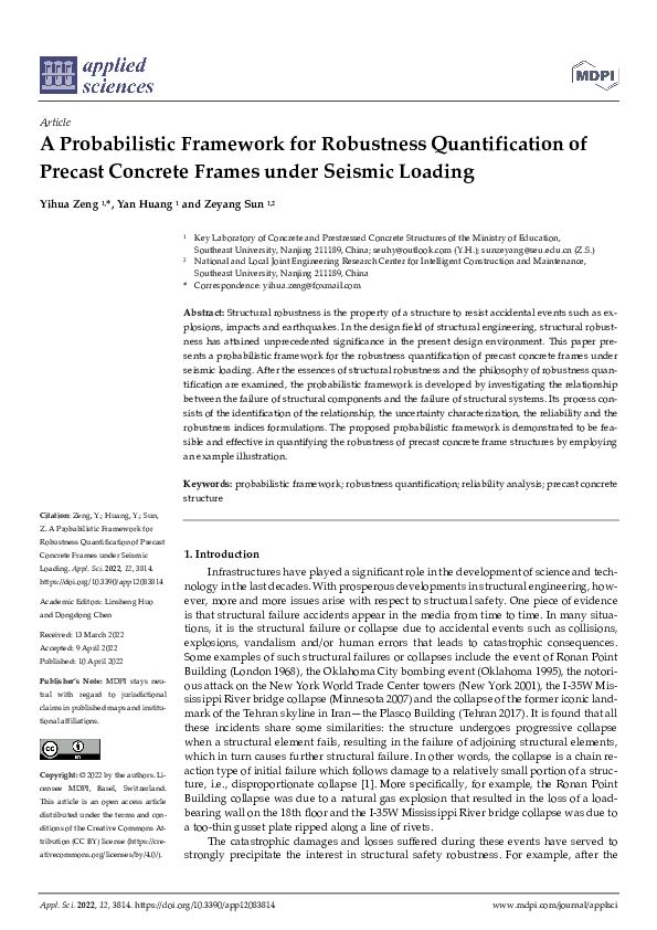 (PDF) A Probabilistic Framework for Robustness Quantification of Precast Concrete Frames under ...