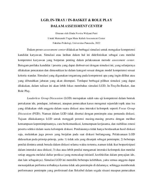 (PDF) LGD, IN-TRAY / IN-BASKET & ROLE PLAY DALAM ASSESSMENT CENTER