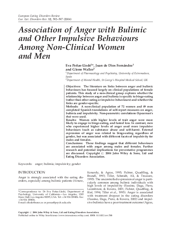 (PDF) Association of anger with bulimic and other impulsive behaviours ...