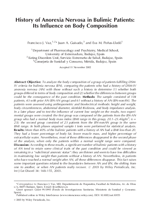 (PDF) History of anorexia nervosa in bulimic patients: Its influence on ...