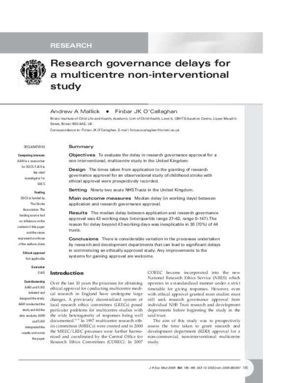 (PDF) Research governance delays for a multicentre non-interventional study