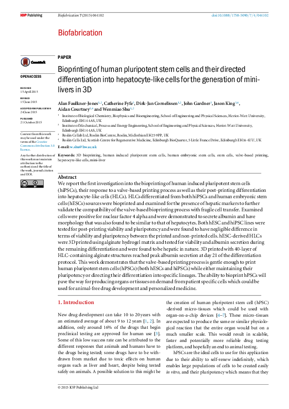 (PDF) Bioprinting of human pluripotent stem cells and their directed differentiation into ...
