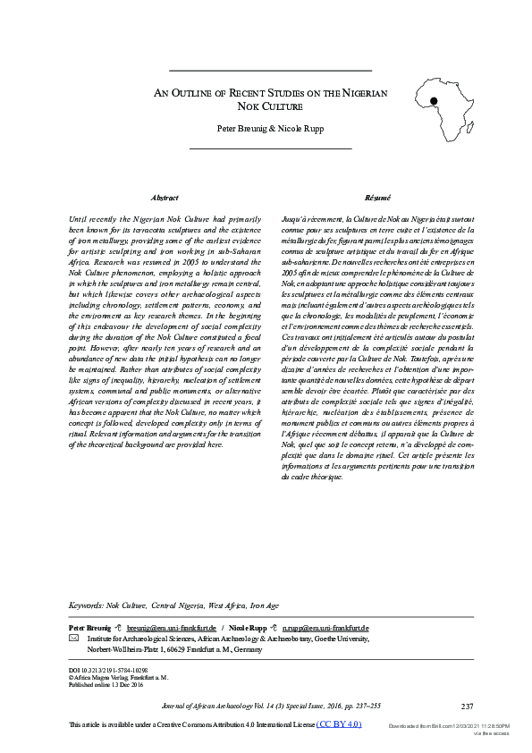 (PDF) An outline of recent studies on the Nigerian Nok culture