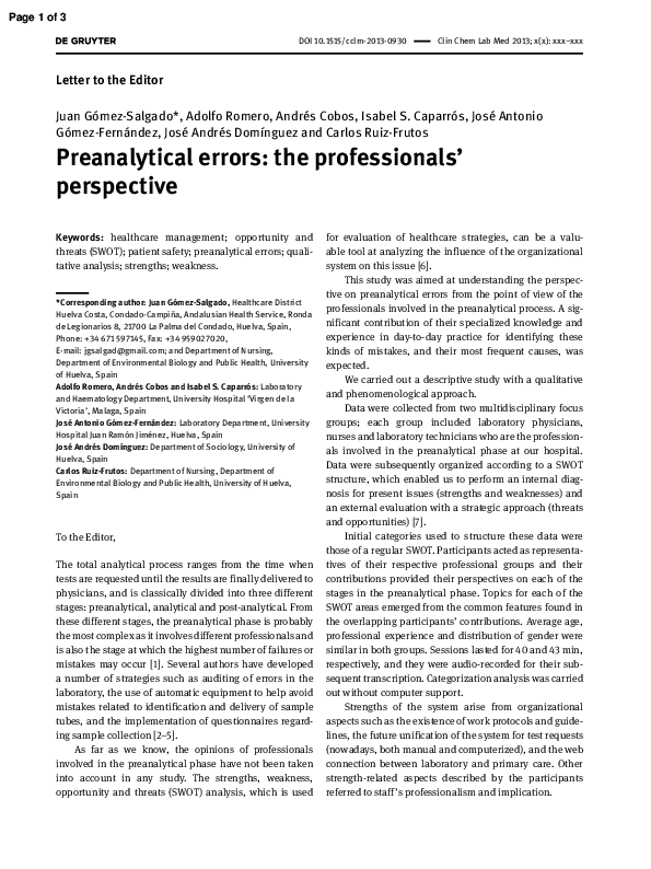 (PDF) Preanalytical errors: the professionals’ perspective