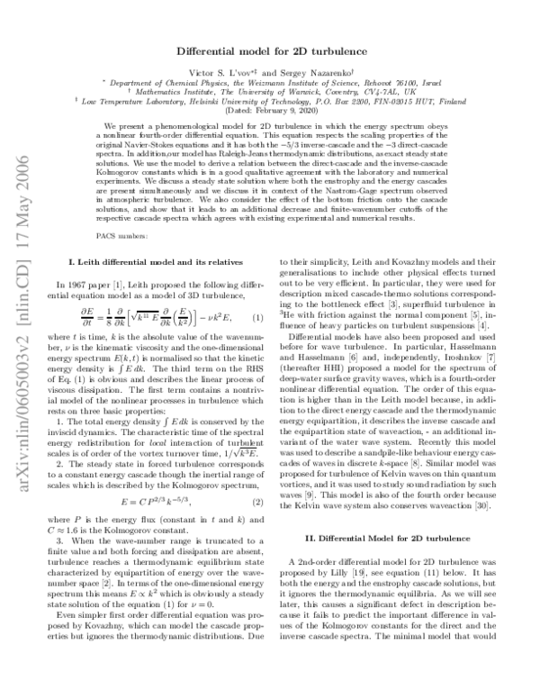 (PDF) Differential models for 2D turbulence