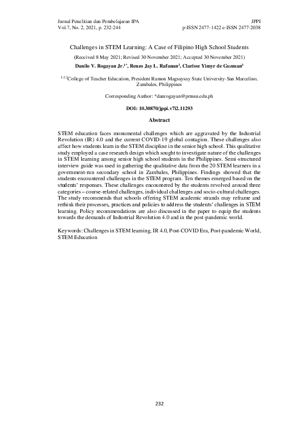 (PDF) Challenges in STEM Learning: A Case of Filipino High School Students