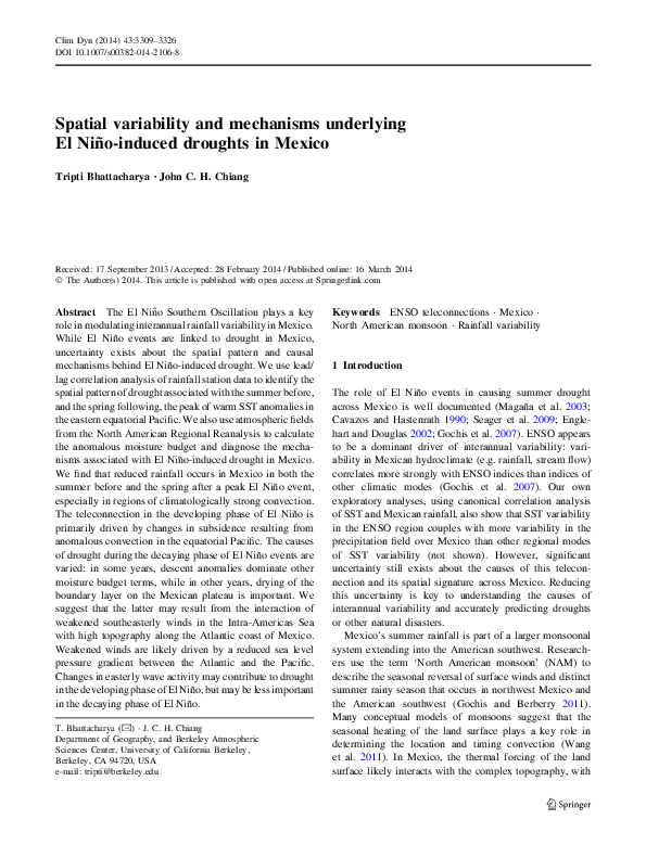 (PDF) Spatial variability and mechanisms underlying El Niño-induced droughts in Mexico | Tripti ...