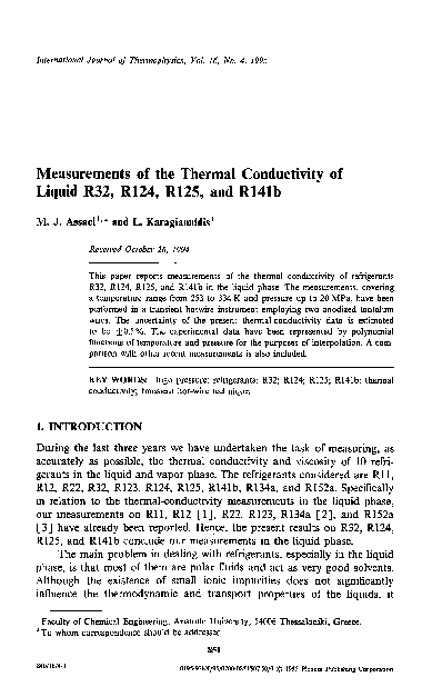 (PDF) Measurements of the thermal conductivity of liquid R32, R124 ...