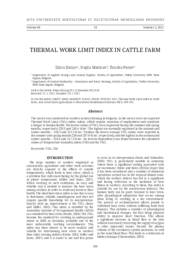 (PDF) Thermal Work Limit Index in Cattle Farm | Toncho Penev - Academia.edu