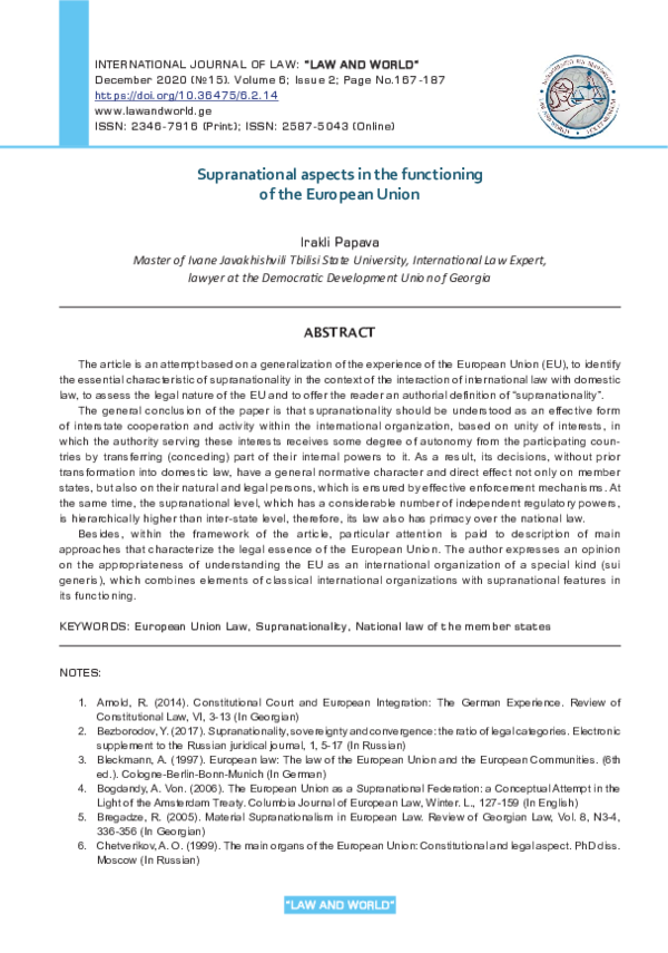 (PDF) Supranational aspects in the functioning of the European Union