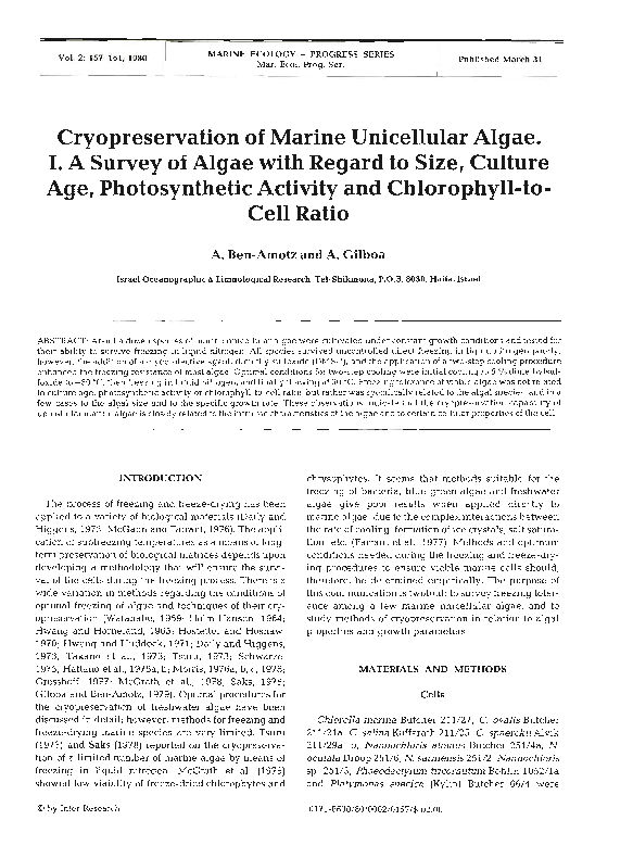 (PDF) Cryopreservation of Marine Unicellular Algae. I. A. Survey of ...