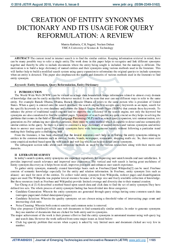 (PDF) Creation of Entity Synonyms Dictionary and Its Usage for Query Reformulation: A Review