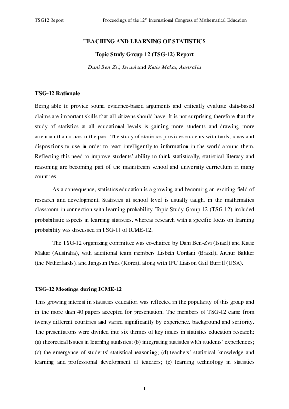 (PDF) TEACHING AND LEARNING OF STATISTICS Topic Study Group 12 (TSG-12 ...
