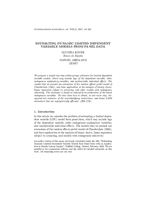 (PDF) Estimating Dynamic Limited Dependent Variable Models from Panel Data