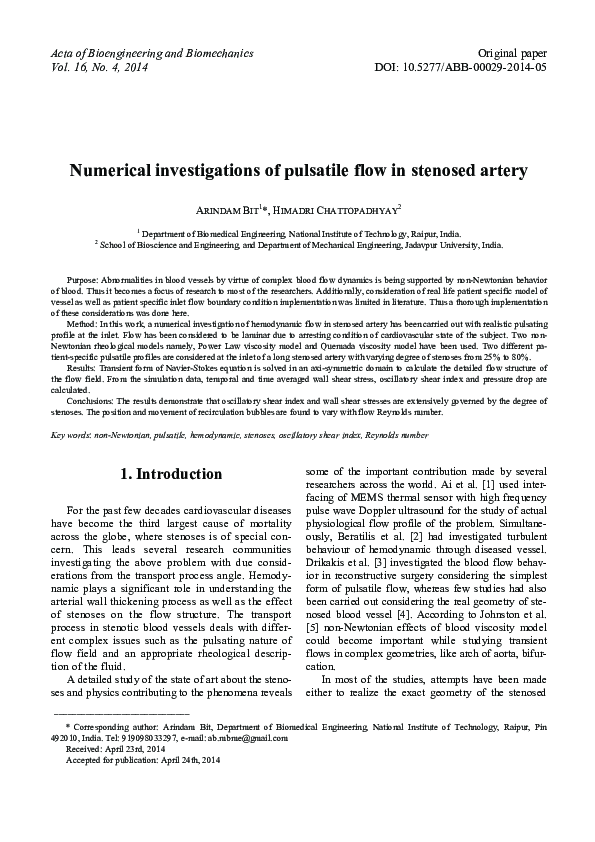(PDF) Numerical investigations of pulsatile flow in stenosed artery