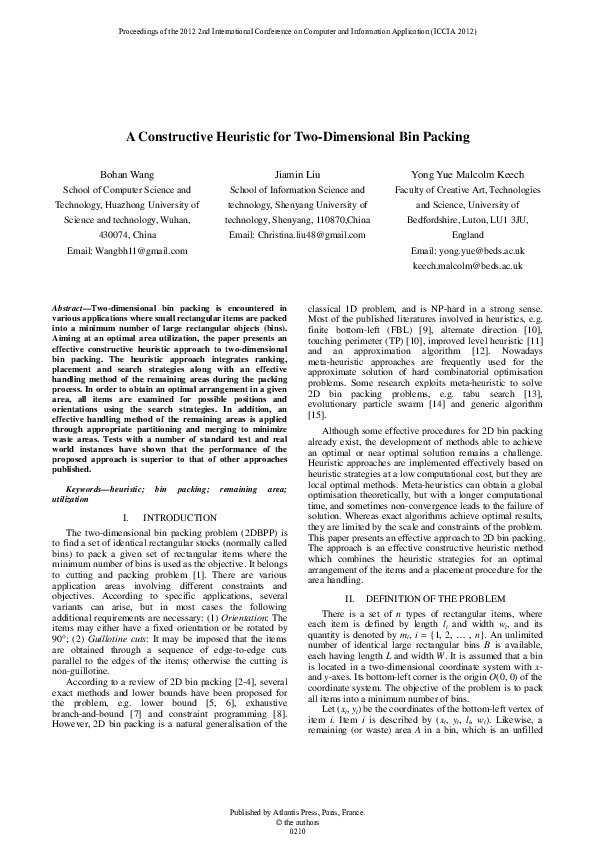 (PDF) A Constructive Heuristic for Two-Dimensional Bin Packing