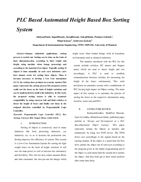 Pdf Plc Based Automated Height Based Box Sorting System Minal Kokare