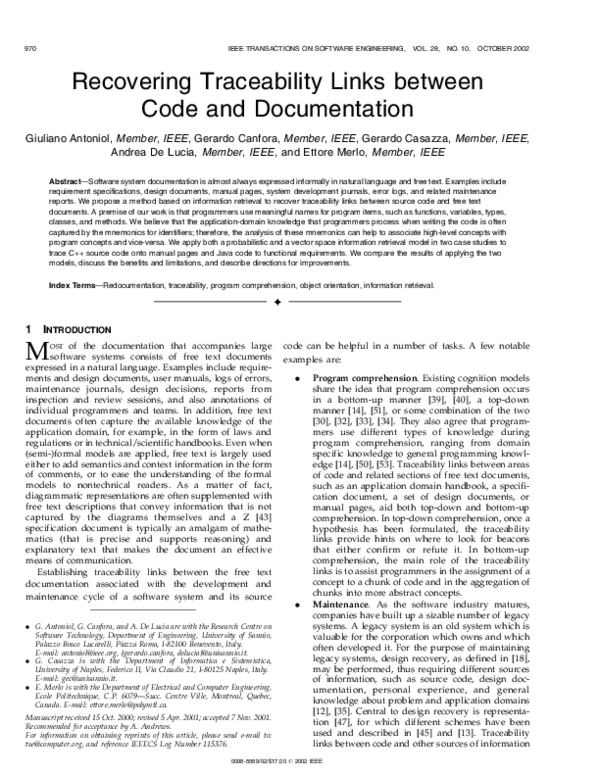 (PDF) Recovering traceability links between code and documentation ...