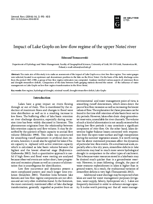 (PDF) Impact of Lake Gopło on low-flow regime of the upper Noteć river
