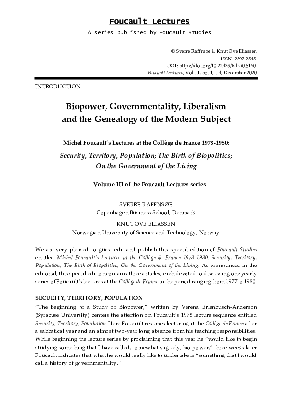 (PDF) Biopower, Governmentality, Liberalism and the Genealogy of the ...