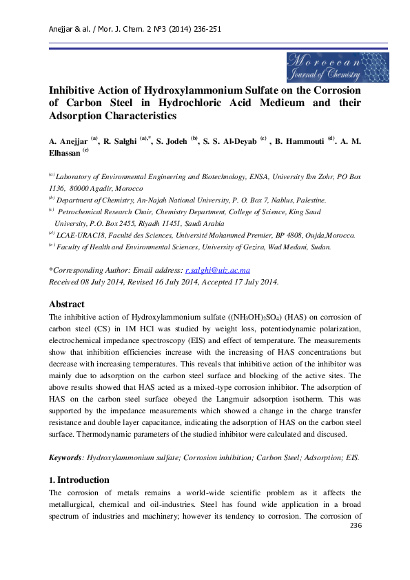 (PDF) Hydroxylammonium Sulfate: Corrosion Inhibitor Study