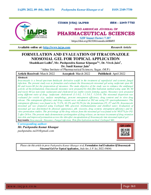 Pdf Formulation And Evaluation Of Itraconazole Niosomal Gel For Topical Application
