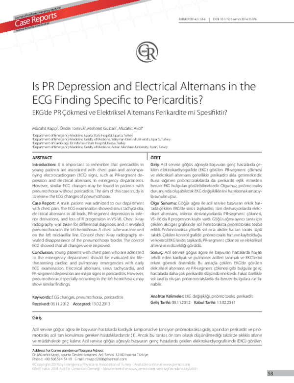 (PDF) Is PR Depression and Electrical Alternans in the ECG Finding Specific to Pericarditis?