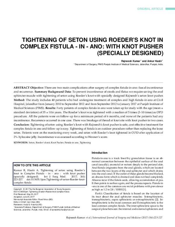 (PDF) Tightening of seton using Roeder's knot in Complex Fistula - in ...