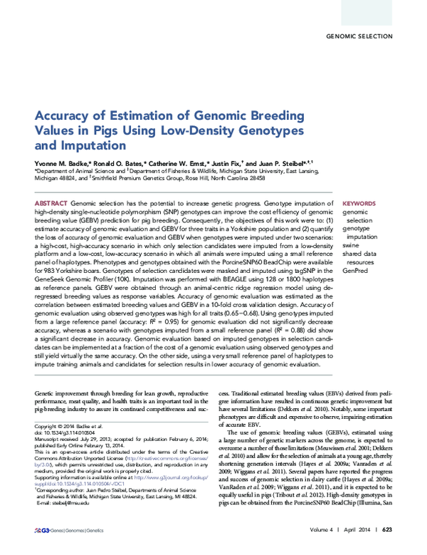 (PDF) Accuracy of estimation of genomic breeding values in pigs using low-density genotypes and ...