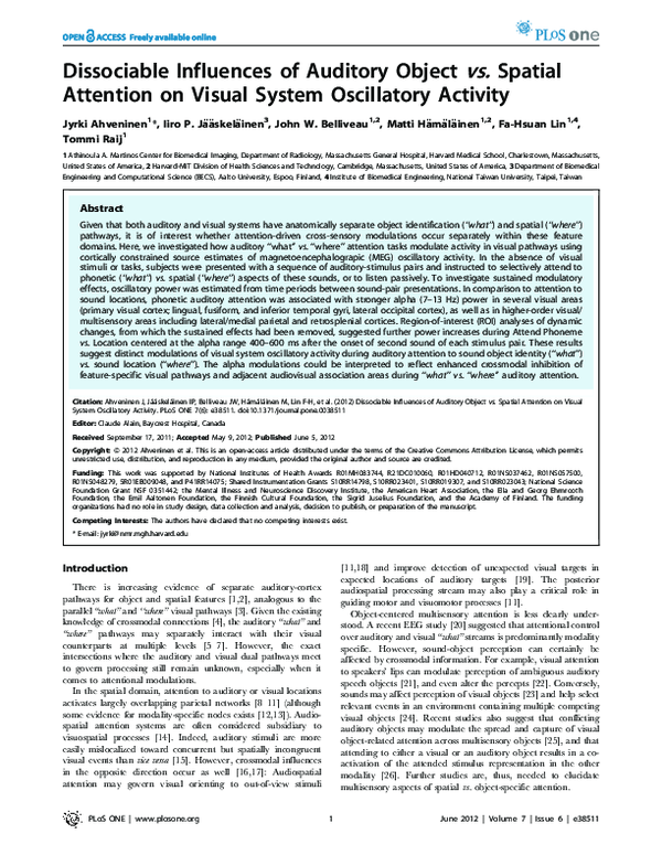 (PDF) Dissociable Influences of Auditory Object vs. Spatial Attention on Visual System ...