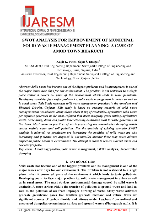 (PDF) Swot Analysis for Improvement of Municipal Solid Waste Management ...