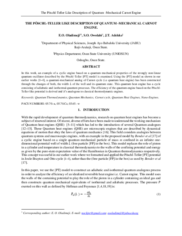 (PDF) The Pöschl-Teller like description of Quantum-Mechanical Carnot engine