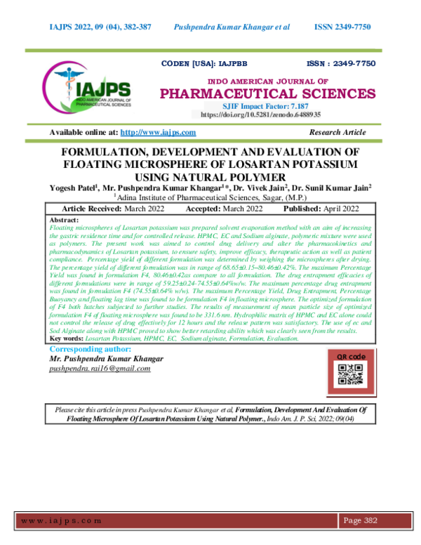 Pdf Formulation Development And Evaluation Of Floating Microsphere Of Losartan Potassium