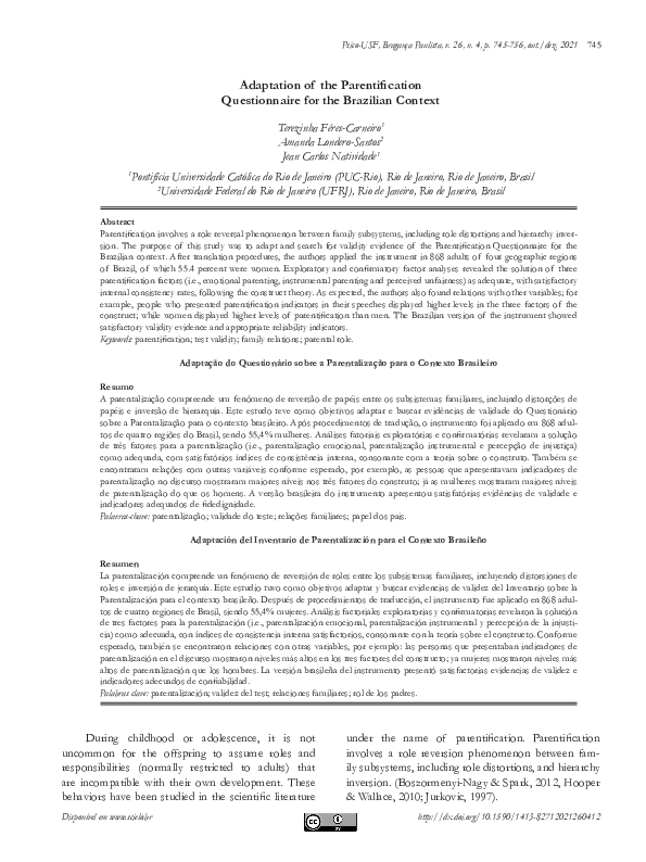(PDF) Adaptation of the Parentification Questionnaire for the Brazilian ...