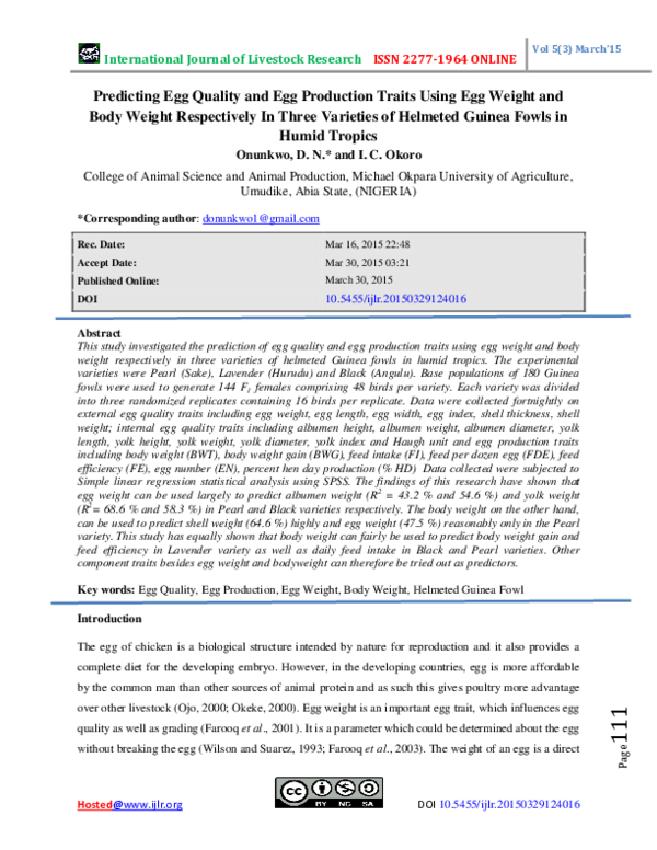 (PDF) Predicting Egg Quality and Egg Production Traits Using Egg Weight and Body Weight ...
