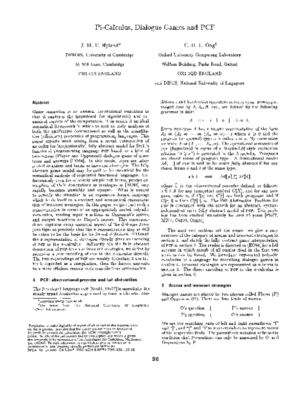 (PDF) Pi-Calculus, Dialogue Games and PCF