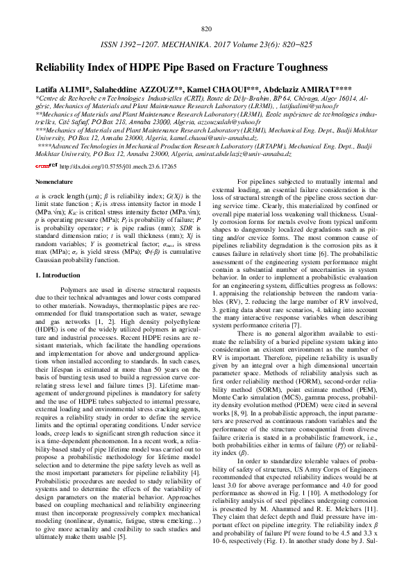 (PDF) Reliability Index of Hdpe Pipe Basedon Fracture Toughness