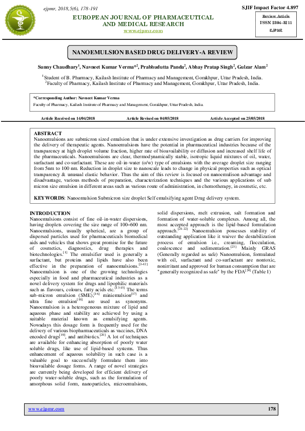(PDF) Nanoemulsion Based Drug Delivery-A Review