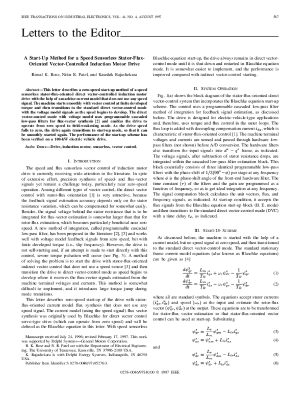 Pdf A Start Up Method For A Speed Sensorless Stator Flux Oriented