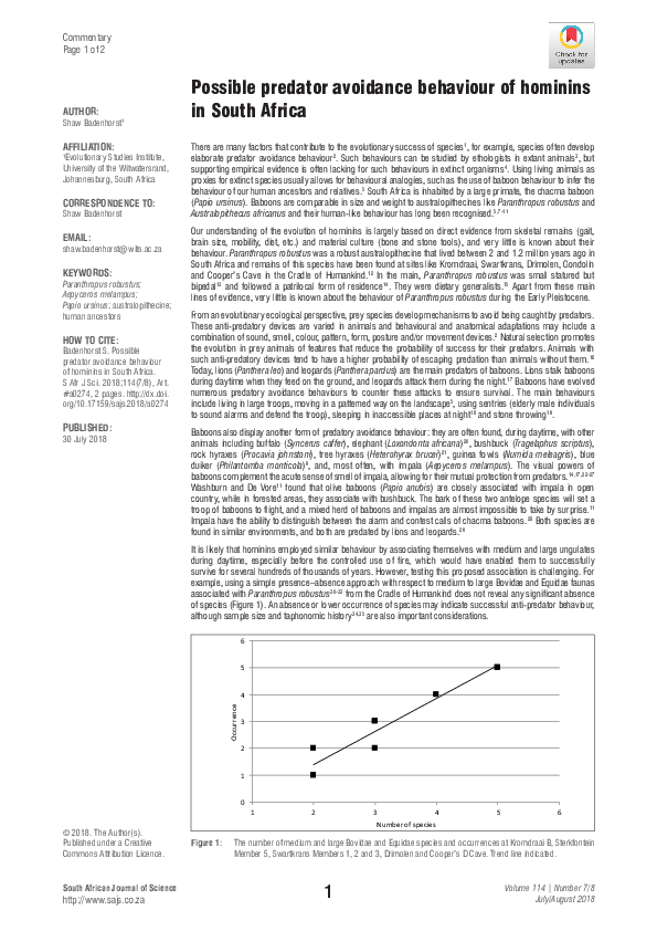 (PDF) Possible predator avoidance behaviour of hominins in South Africa