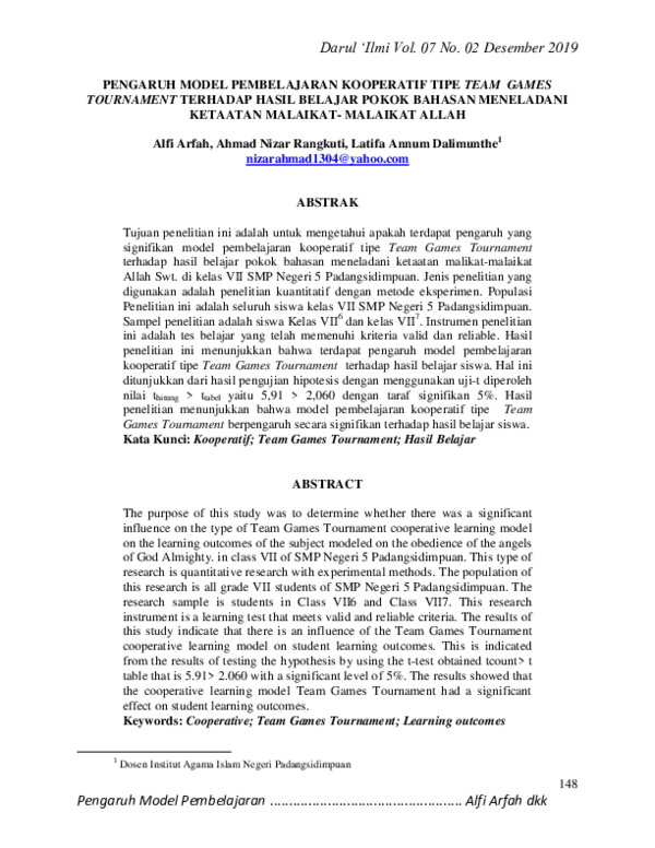(PDF) Pengaruh Model Pembelajaran Kooperatif Tipe Team Games Tournament Terhadap Hasil Belajar ...