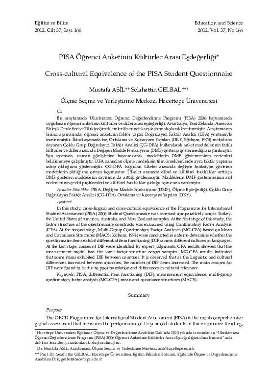 (PDF) PISA Öğrenci Anketinin Kültürler Arasi Eşdeğerliği* Cross ...